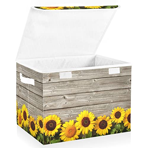 Sunflowers on Wooden Storage Bins with Lids Collapsible Storage Box Basket with Lid Closet Organizer Containers Storage Bins for Clothes for Clothes Closets Gift Organizing