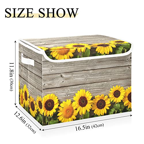 Sunflowers on Wooden Storage Bins with Lids Collapsible Storage Box Basket with Lid Closet Organizer Containers Storage Bins for Clothes for Clothes Closets Gift Organizing