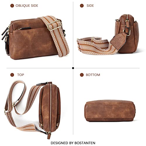 BOSTANTEN Small Crossbody Purse for Women Triple Zip Cell Phone Leather Shoulder Handbag with Wide Guitar Strap Brown