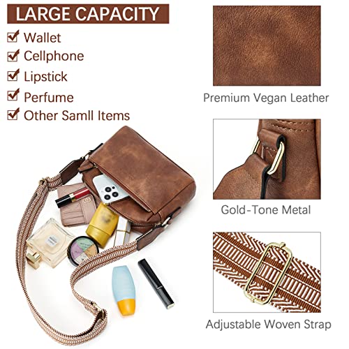 BOSTANTEN Small Crossbody Purse for Women Triple Zip Cell Phone Leather Shoulder Handbag with Wide Guitar Strap Brown