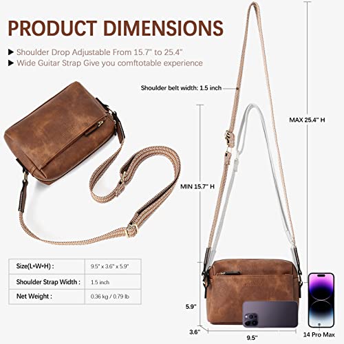 BOSTANTEN Small Crossbody Purse for Women Triple Zip Cell Phone Leather Shoulder Handbag with Wide Guitar Strap Brown