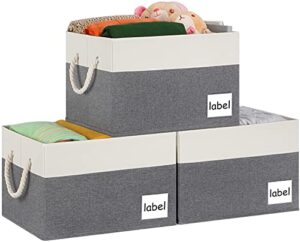 asxsonn storage bins (3 pack), closet storage bins with label & cotton rope handles, large storage baskets for shelves, storage baskets for organizing nursery, home, 15″x11″x9.6″, grey&white