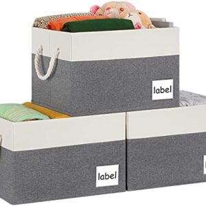 ASXSONN Storage Bins (3 Pack), Closet Storage Bins with Label & Cotton Rope Handles, Large Storage Baskets for Shelves, Storage Baskets for Organizing Nursery, Home, 15"x11"x9.6", Grey&White