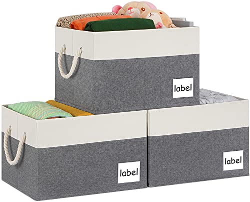 ASXSONN Storage Bins (3 Pack), Closet Storage Bins with Label & Cotton Rope Handles, Large Storage Baskets for Shelves, Storage Baskets for Organizing Nursery, Home, 15"x11"x9.6", Grey&White