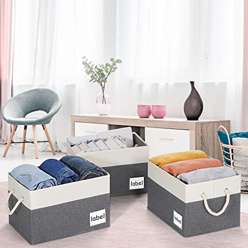 ASXSONN Storage Bins (3 Pack), Closet Storage Bins with Label & Cotton Rope Handles, Large Storage Baskets for Shelves, Storage Baskets for Organizing Nursery, Home, 15"x11"x9.6", Grey&White