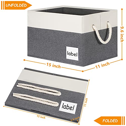 ASXSONN Storage Bins (3 Pack), Closet Storage Bins with Label & Cotton Rope Handles, Large Storage Baskets for Shelves, Storage Baskets for Organizing Nursery, Home, 15"x11"x9.6", Grey&White