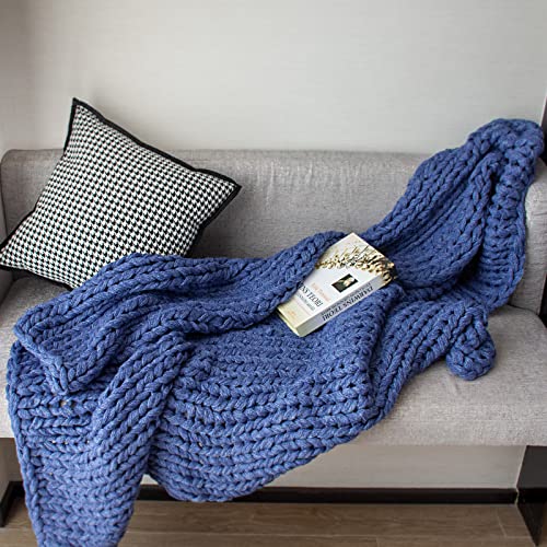 Chunky Knit Blanket Throw Warm Chenille Soft Cozy Boho Home Decor Handmade Cozy Throw Yarn Blanket 50x60 Inch Bed Sofa Blue