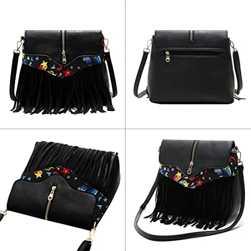 Sunwel Fashion Tassel Purse with Ethnic Print Hobo & Crossbody Handbag for Women Girls (black)