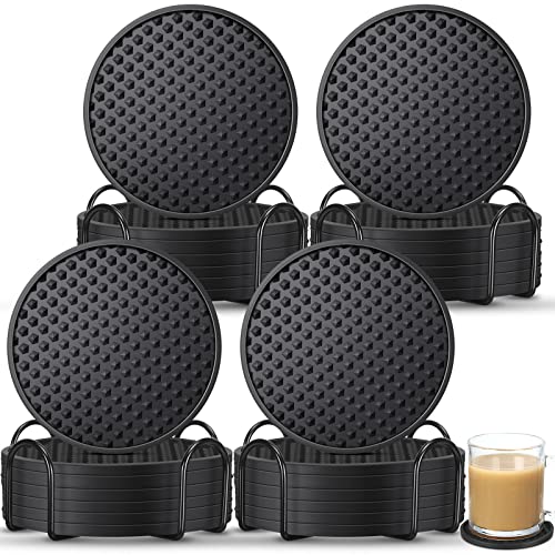 24 Pcs Silicone Coasters with 4 Holder, Drink Coasters Anti Slip Base Heat Resistant Coasters for Glass, Wood Tables, Dishwasher Safe Fits Drinking Glasses