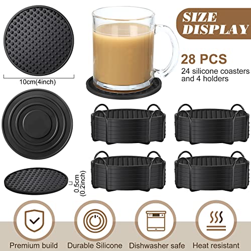 24 Pcs Silicone Coasters with 4 Holder, Drink Coasters Anti Slip Base Heat Resistant Coasters for Glass, Wood Tables, Dishwasher Safe Fits Drinking Glasses