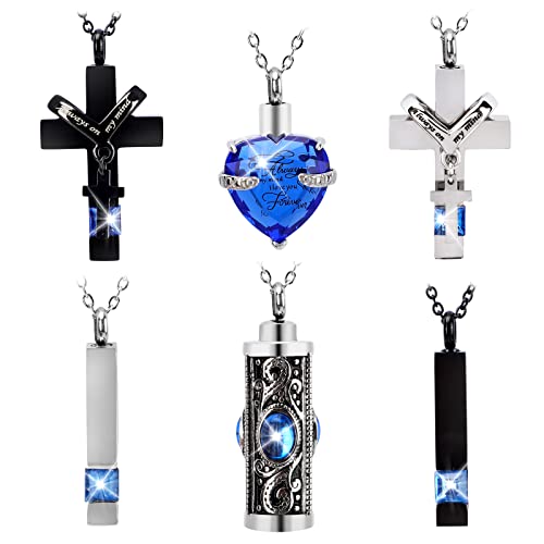 KKUYT Cremation Urn Necklace for Ashes-6 PCS Cremation Jewelry for Ashes, Cubic Heart Cross Keepsake Locket Ashes Necklace Stainless Steel Urn Necklace Pendant Memorial Jewelry Gifts for Men/Women