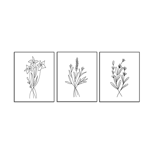 Black and White Wall Art Prints for Living Room, Bedroom, Kitchen, Office, Bathroom Wall Decor, Minimalist Wall Art, Botanical Prints, Plant Poster, Flower Pictures, Set of 3, 8" x 10", Unframed.