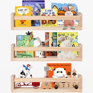 set of 3 nursery room shelves, floating bookshelf for toddler baby room bedroom kitchen bathroom, small book shelf organizer for kids, solid wood hanging book shelf for wall mounted decor