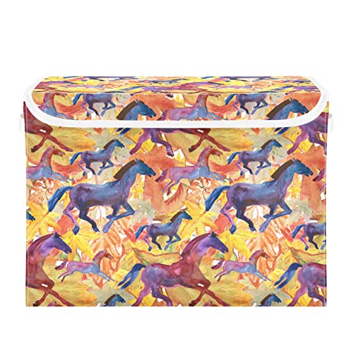 Running Horses Fall Storage Bins with Lids Collapsible Storage Box Basket with Lid Closet Organizer Containers Storage Baskets for Shelves for Outside Cars School Living Room