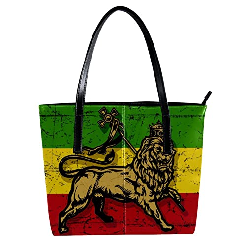 Women Tote Shoulder Bag, Rasta Judah Flag Lion Leather Work Handbag with Zipper for Teens College Students