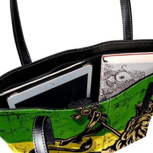 Women Tote Shoulder Bag, Rasta Judah Flag Lion Leather Work Handbag with Zipper for Teens College Students