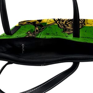 Women Tote Shoulder Bag, Rasta Judah Flag Lion Leather Work Handbag with Zipper for Teens College Students