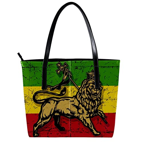 Women Tote Shoulder Bag, Rasta Judah Flag Lion Leather Work Handbag with Zipper for Teens College Students