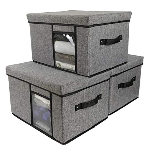 Tuokor Large Fabric Storage Bins with Lid, 2 Handles and Clear Window, 20x16x12 inches (LxWxH) Washable Foldable Storage Shelf-Basket Cube Box 3-Pack, Gray