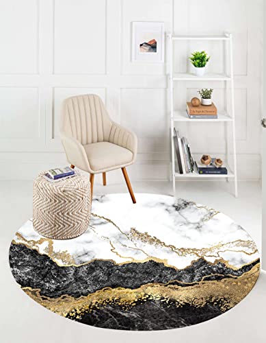 Black White Gold Marble Abstract Modern Round Area Rug for Living Room Bedroom Luxury Thick Washable Circular Carpet Under Dining Table Indoor Home Office Aesthetic Floor Rug 8ft