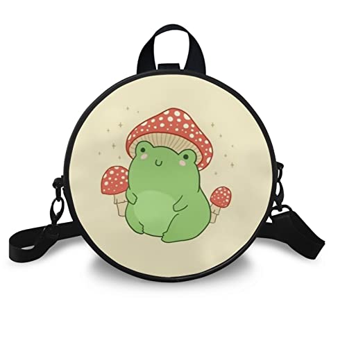 Salabomia Frog with Mushroom Print Women Round Crossbody Bag, Cute PU Circle Purse Women's Tote Handbags, Small Portable Multi-Function Travel/Shopping Handbag, Yellow