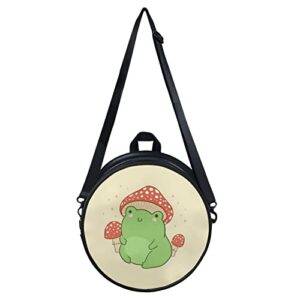 Salabomia Frog with Mushroom Print Women Round Crossbody Bag, Cute PU Circle Purse Women's Tote Handbags, Small Portable Multi-Function Travel/Shopping Handbag, Yellow