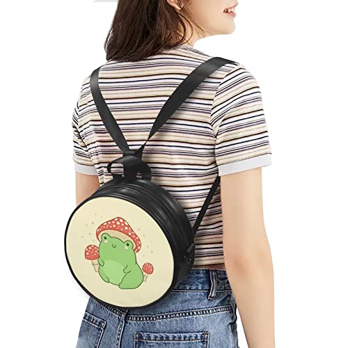 Salabomia Frog with Mushroom Print Women Round Crossbody Bag, Cute PU Circle Purse Women's Tote Handbags, Small Portable Multi-Function Travel/Shopping Handbag, Yellow