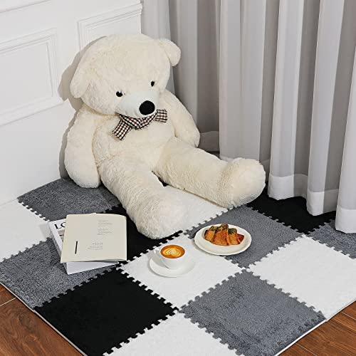 18 Pcs Plush Foam Floor Mat Square Interlocking Carpet Tiles with Border Fluffy Play Mat Floor Tiles Soft Climbing Area Rugs for Home Playroom Decor, 12 x 12 x 0.4 Inch (Black, White, Gray)