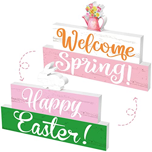 Marsui 4 Pcs Easter and Spring Decorations Reversible Happy Easter Bunny Wood Sign Watering Can Spring Home Decor Easter Wooden Block Table Decorations for Home Easter Tiered Tray Kitchen Decor