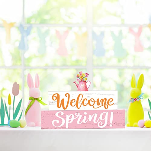 Marsui 4 Pcs Easter and Spring Decorations Reversible Happy Easter Bunny Wood Sign Watering Can Spring Home Decor Easter Wooden Block Table Decorations for Home Easter Tiered Tray Kitchen Decor