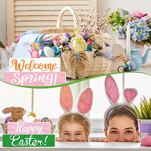 Marsui 4 Pcs Easter and Spring Decorations Reversible Happy Easter Bunny Wood Sign Watering Can Spring Home Decor Easter Wooden Block Table Decorations for Home Easter Tiered Tray Kitchen Decor