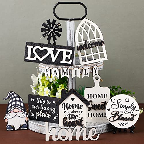 21 Pcs Farmhouse 2 Tiered Tray Wood Tiered Serving Tray Stand with Wooden Decorative Signs and LED Light Rustic Black and White Tiered Tray Decor Home Sweet Home Kitchen Decor for Shelf Table Display