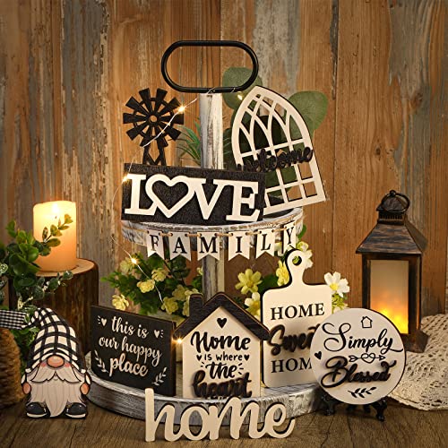 21 Pcs Farmhouse 2 Tiered Tray Wood Tiered Serving Tray Stand with Wooden Decorative Signs and LED Light Rustic Black and White Tiered Tray Decor Home Sweet Home Kitchen Decor for Shelf Table Display