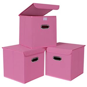 nieenjoy closet organizers fabric storage cube bins with lids collapsible storage bins basket with handles ,storage boxes for organizing,3 pack (pink)