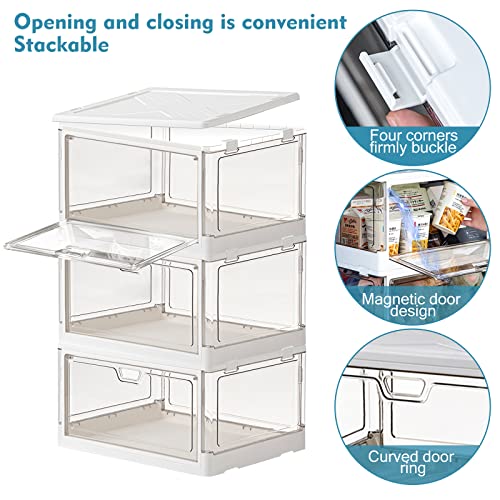 Clear Storage Bin with Lid 3 Pack 【Stackable & Sturdy】Plastic Bins for Storage, Multifunctional Folding Storage Bins for Bedroom, Living Room, Study, Toy Room, 22 QT Folding Box with Magnetic door