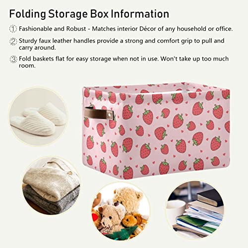 ALAZA Pink Love Heart Strawberry Large Storage Basket with Handles Foldable Decorative 1 Pack Storage Bin Box for Organizing Living Room Shelves Office Closet Clothes