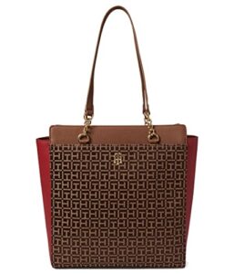 tommy hilfiger antonella ii tote square monogram jacquard chestnut/tannin/red one size