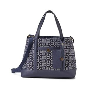 Tommy Hilfiger Gretta II Convertible Satchel with Hangoff Square Monogram Jacquard Stone/Navy One Size