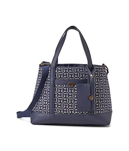 Tommy Hilfiger Gretta II Convertible Satchel with Hangoff Square Monogram Jacquard Stone/Navy One Size