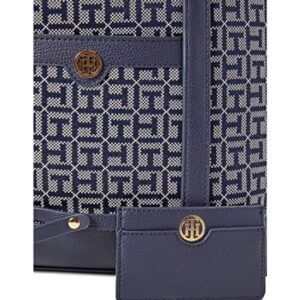 Tommy Hilfiger Gretta II Convertible Satchel with Hangoff Square Monogram Jacquard Stone/Navy One Size