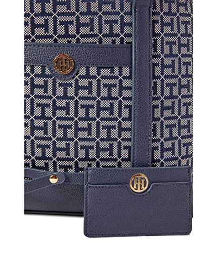 Tommy Hilfiger Gretta II Convertible Satchel with Hangoff Square Monogram Jacquard Stone/Navy One Size