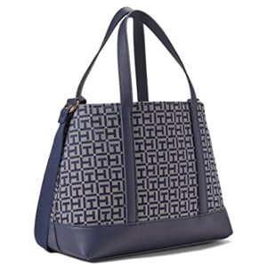 Tommy Hilfiger Gretta II Convertible Satchel with Hangoff Square Monogram Jacquard Stone/Navy One Size