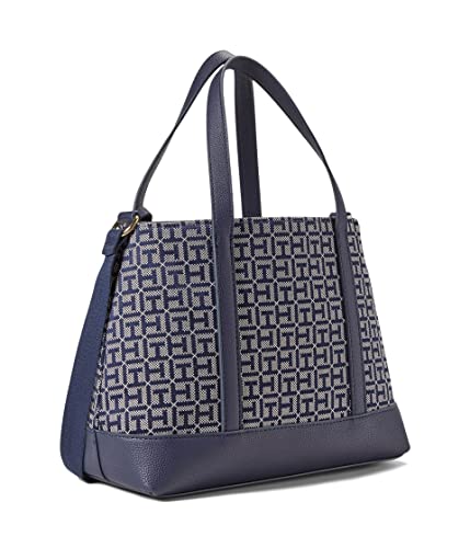 Tommy Hilfiger Gretta II Convertible Satchel with Hangoff Square Monogram Jacquard Stone/Navy One Size