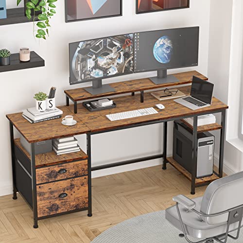 Furologee Computer Desk with Shelves and Drawer, 61" Long Desk with Fabric File Drawer, Industrial Writing Desk with Large Monitor Stand, Study Gaming Table Workstation for Home Office, Rustic Brown