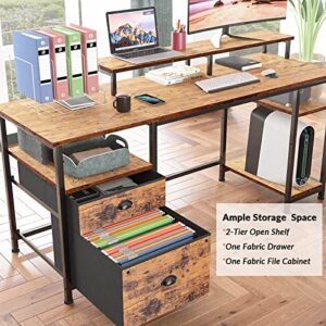 Furologee Computer Desk with Shelves and Drawer, 61" Long Desk with Fabric File Drawer, Industrial Writing Desk with Large Monitor Stand, Study Gaming Table Workstation for Home Office, Rustic Brown