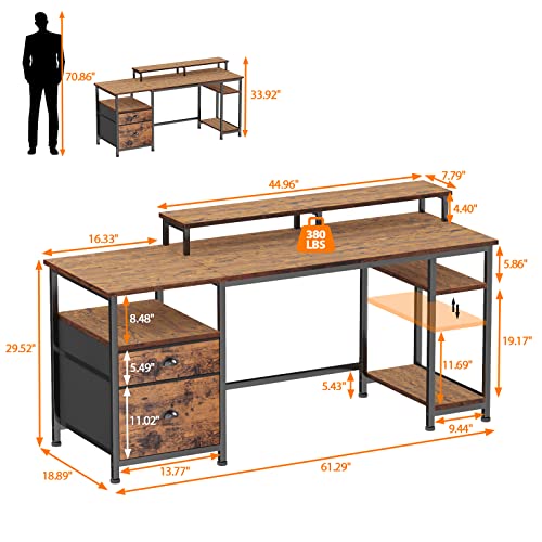 Furologee Computer Desk with Shelves and Drawer, 61" Long Desk with Fabric File Drawer, Industrial Writing Desk with Large Monitor Stand, Study Gaming Table Workstation for Home Office, Rustic Brown