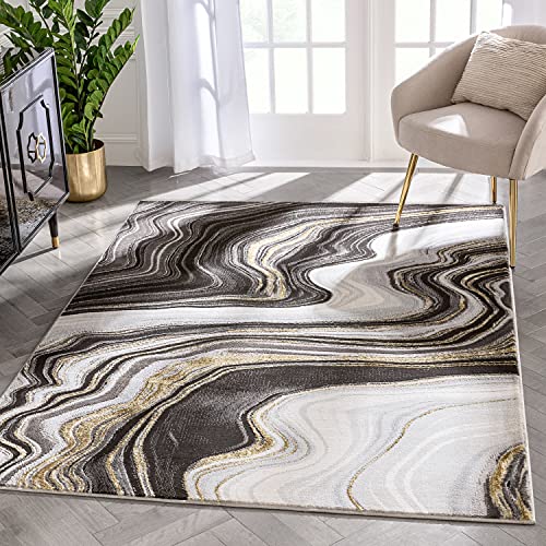 Well Woven Werrick Glam Grey & Gold Striated Marble Area Rug 9'3" x 12'6"