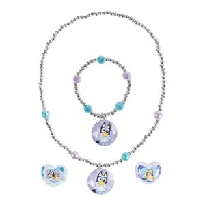 luv her bluey girls 4 piece costume toy jewelry box set with silver rings, bead bracelet and necklace ages 3+