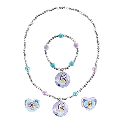 LUV HER Bluey Girls 4 Piece Costume Toy Jewelry Box Set with Silver Rings, Bead Bracelet and Necklace Ages 3+