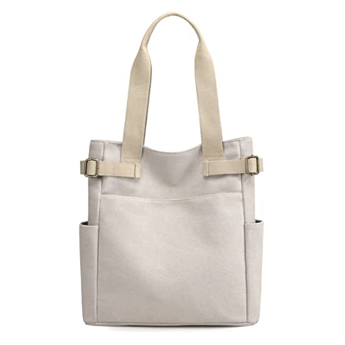 Women Canvas Tote Bag Large With Zippered Closure School ToTe Beach Work Travel Shoulder Bags (Beige)